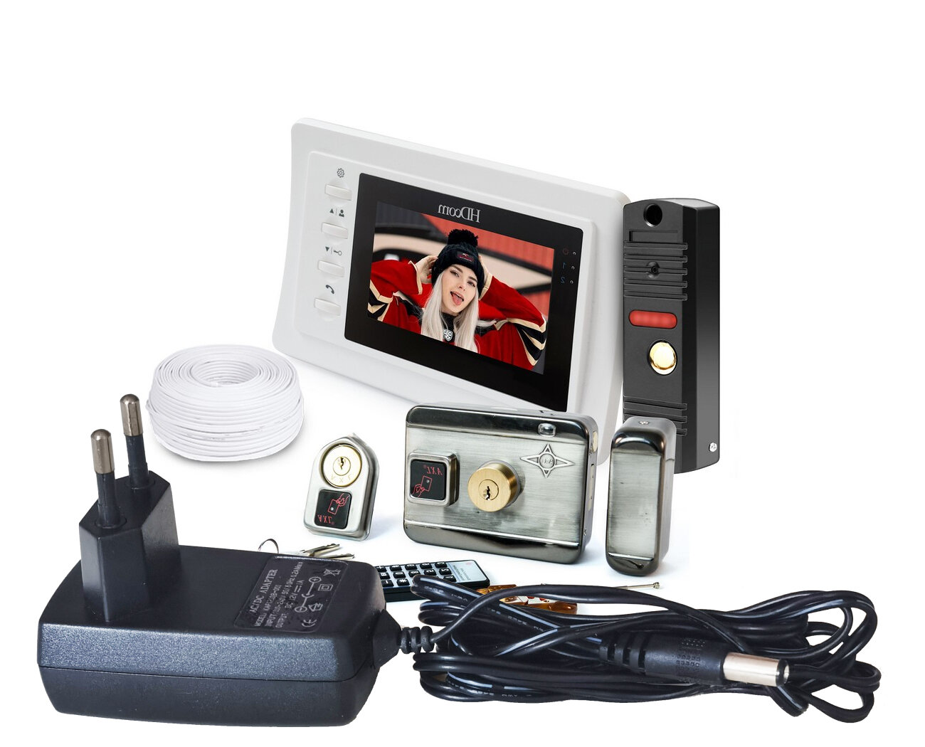 Набор: цветной домофон и электромеханический замок HDcom W-417NM и AX-066 (white) (Y10632MOK) и вызывная панель для дома, замок с домофоном на калит