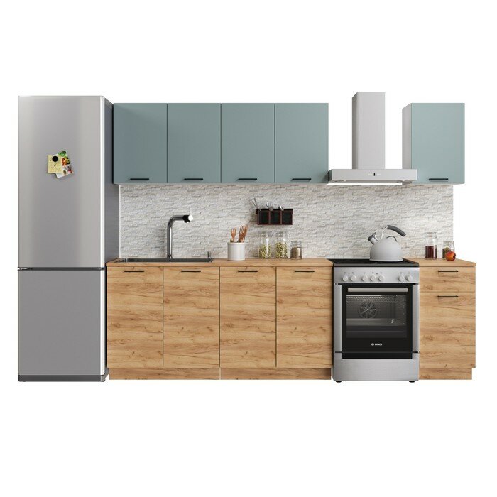 Кухонный гарнитур прямой Simple, без столешницы, 2000 мм, цвет пыльный зелёный/дуб золотой крафт