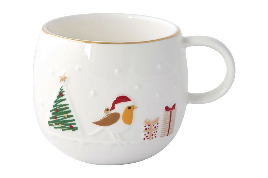 Кружка, 400 мл, фарфор P, белая, с золотым кантом, Птичка, Let It Snow (Easy Life)
