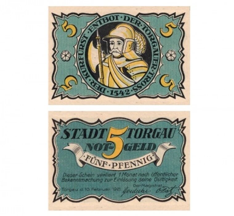 Нотгельд 5 пфеннигов 1921 Германия, Торгау, сувенирная копия, банкноты и купюры редкие коллекционные