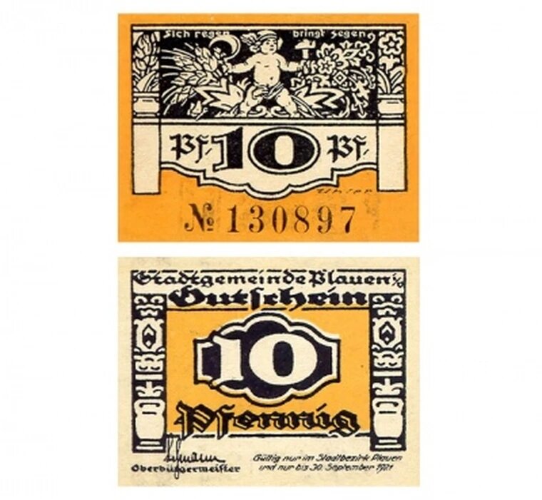 Нотгельд 10 пфеннигов 1921 Германия, Плауэн, сувенирная копия, банкноты и купюры редкие коллекционные
