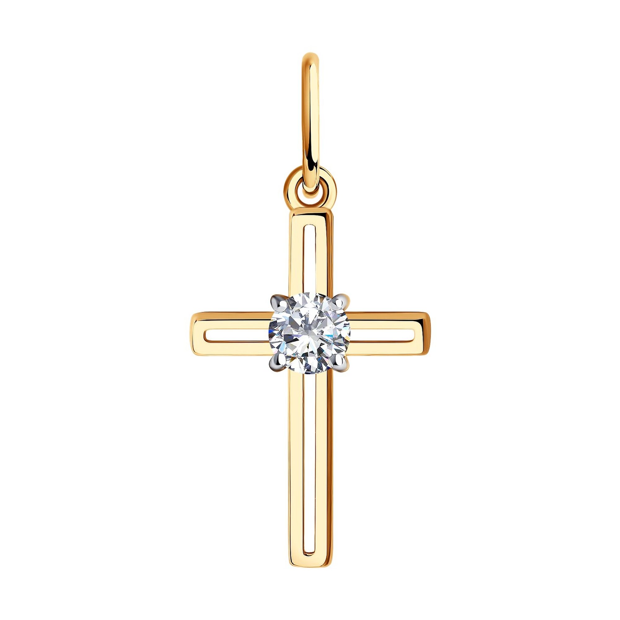 Крестик, красное золото, 585 проба, фианит