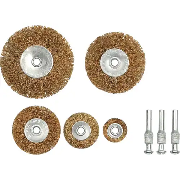 VOREL 06990 набор щеток для дрели 8 пр: 3 разборных шпинделя, плоская - 25, 35, 50, 65, 75 мм, стальные,