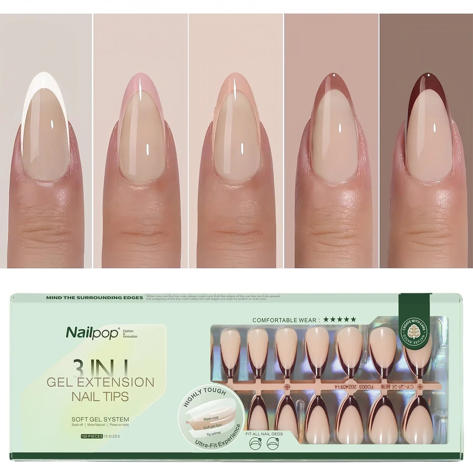 Nailpop 150 шт. гелевые типсы для ногтей, тон кожи, средний миндаль NF908-M Almond 6