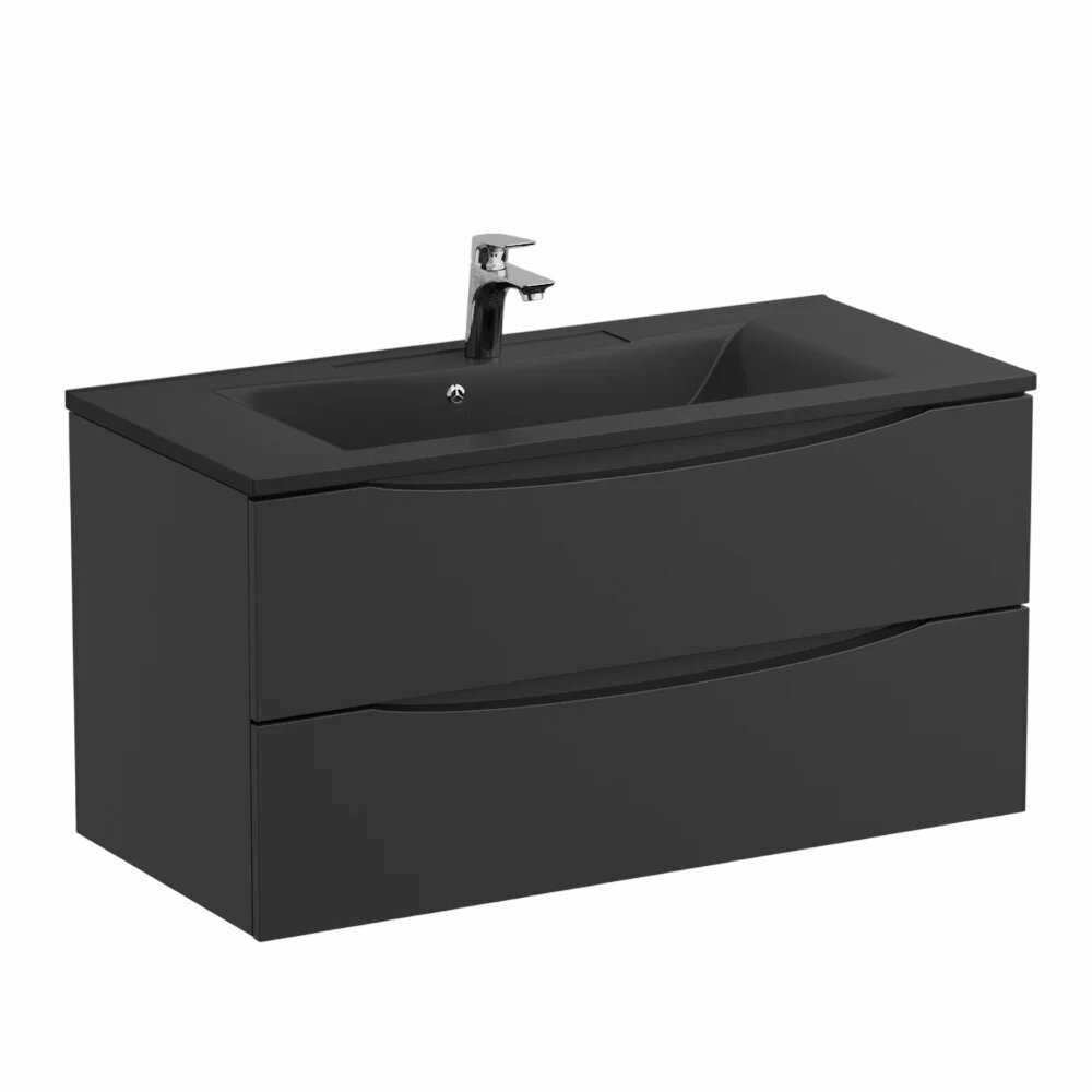 Тумба с раковиной BelBagno Marino 100 подвесная, 100 см, черная, глянцевая, из МДФ, с ящиками, раковина для ванной из камня, прямоугольная, встроенный слив-перелив