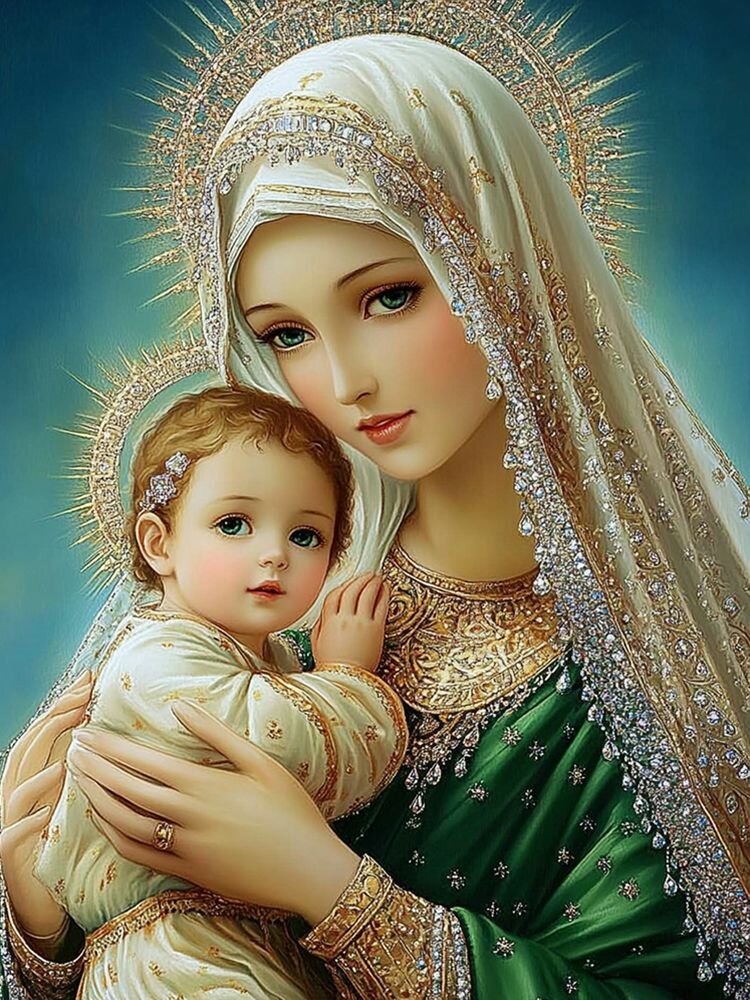 Алмазная картина "Богородица с Младенцем", 30x40 см. Православная икона, золотые узоры.