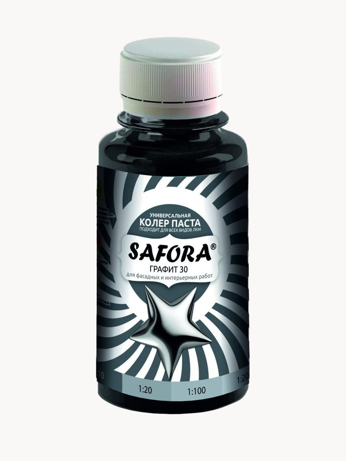 Колеровочная паста 30 графит, колер серый SAFORA 100мл, колер для краски, штукатурки и других материалов, колер паста