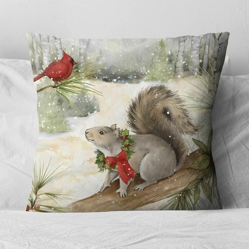 Чехол для подушки Белка и Рождество в зимнем лесу 40х40 велюр