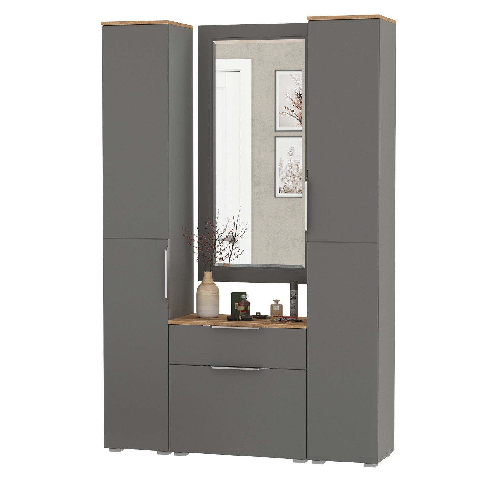 Два шкаф-пенала и обувница с ящиком с зеркалом Моби Октава цвет серый/дуб крафт золотой, 129,3х35,4х197,6 см