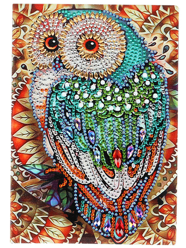 Алмазная мозаика на блокноте A5 64 страницы "Сова", BJ121 частичная выкладка, стразы блестящие круглые и фигурные