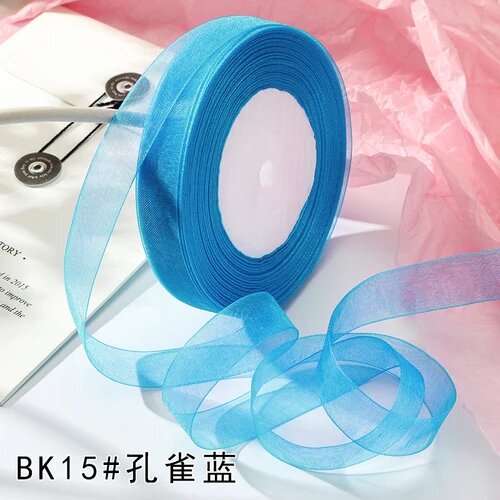 Лента органза мerylover 12-40 мм 50 ярдов Peacock blue, 12mm organza