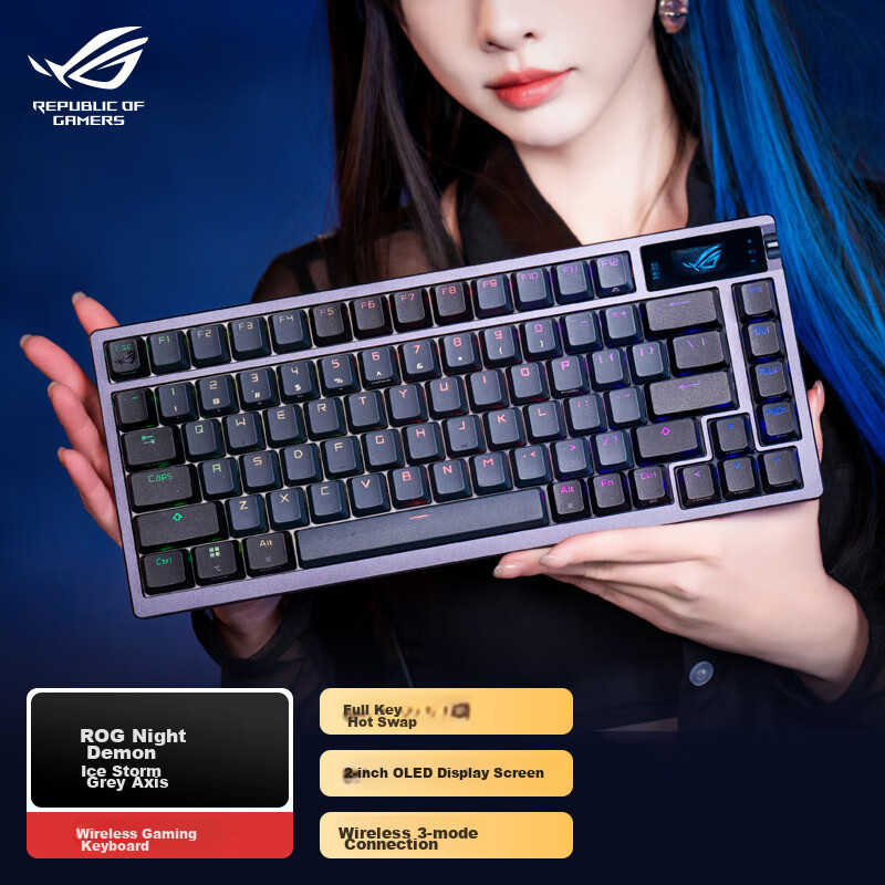 Механическая клавиатура ROG Night Demon, Black, Bluetooth, 75 клавиш, переключатели NX Ice Storm Gray, RGB, OLED-экран