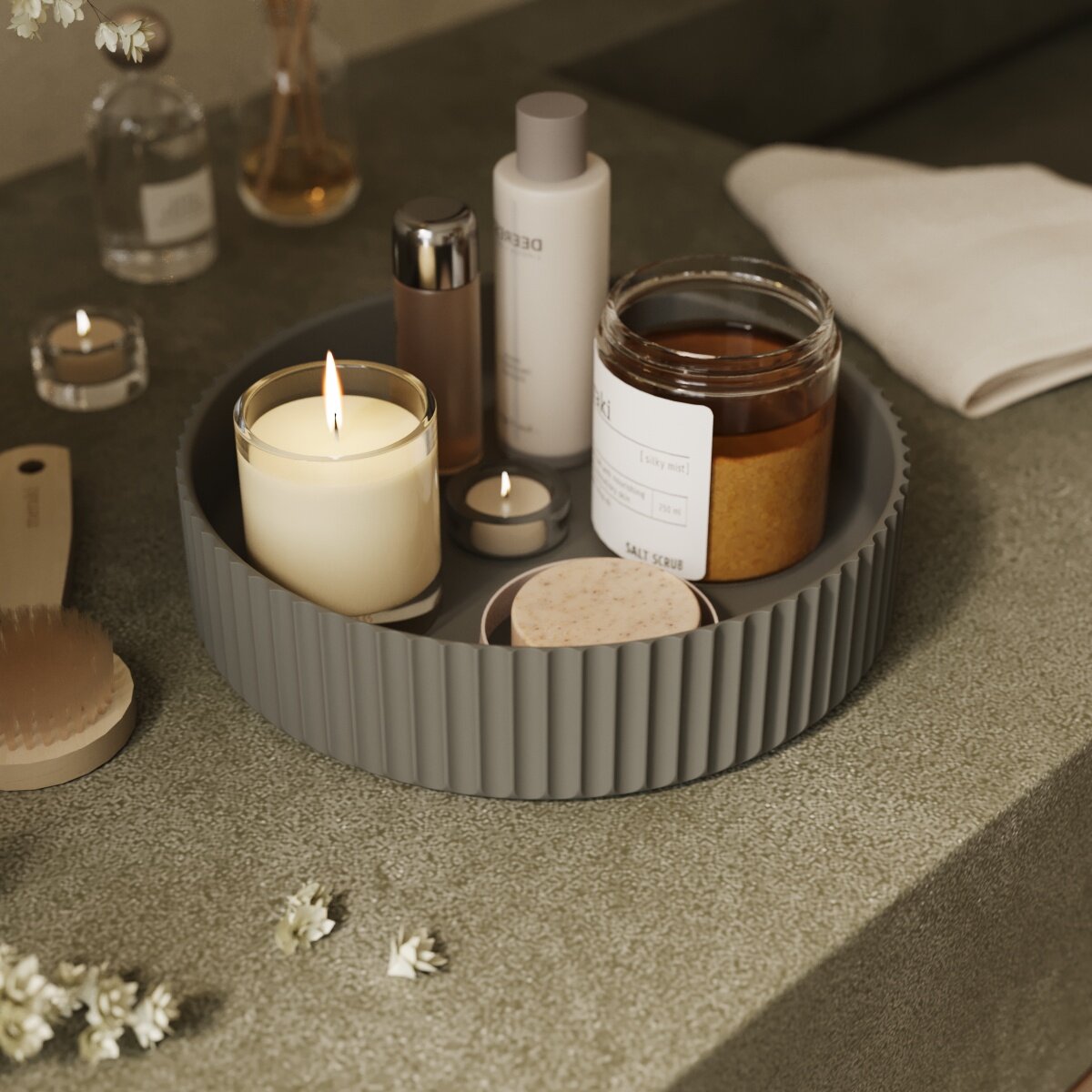 Декоративный поднос для ванной, подставка для косметики Chloe High M 20x5см, бетон, графитовый матовый