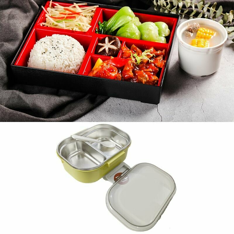 Ланч-бокс из нержавеющей стали в корейском стиле с 2 отделениями, коробка для бенто, металлический контейнер для еды для детей, взрослых, учеников, офисных работников, зеленовато-желтый цвет