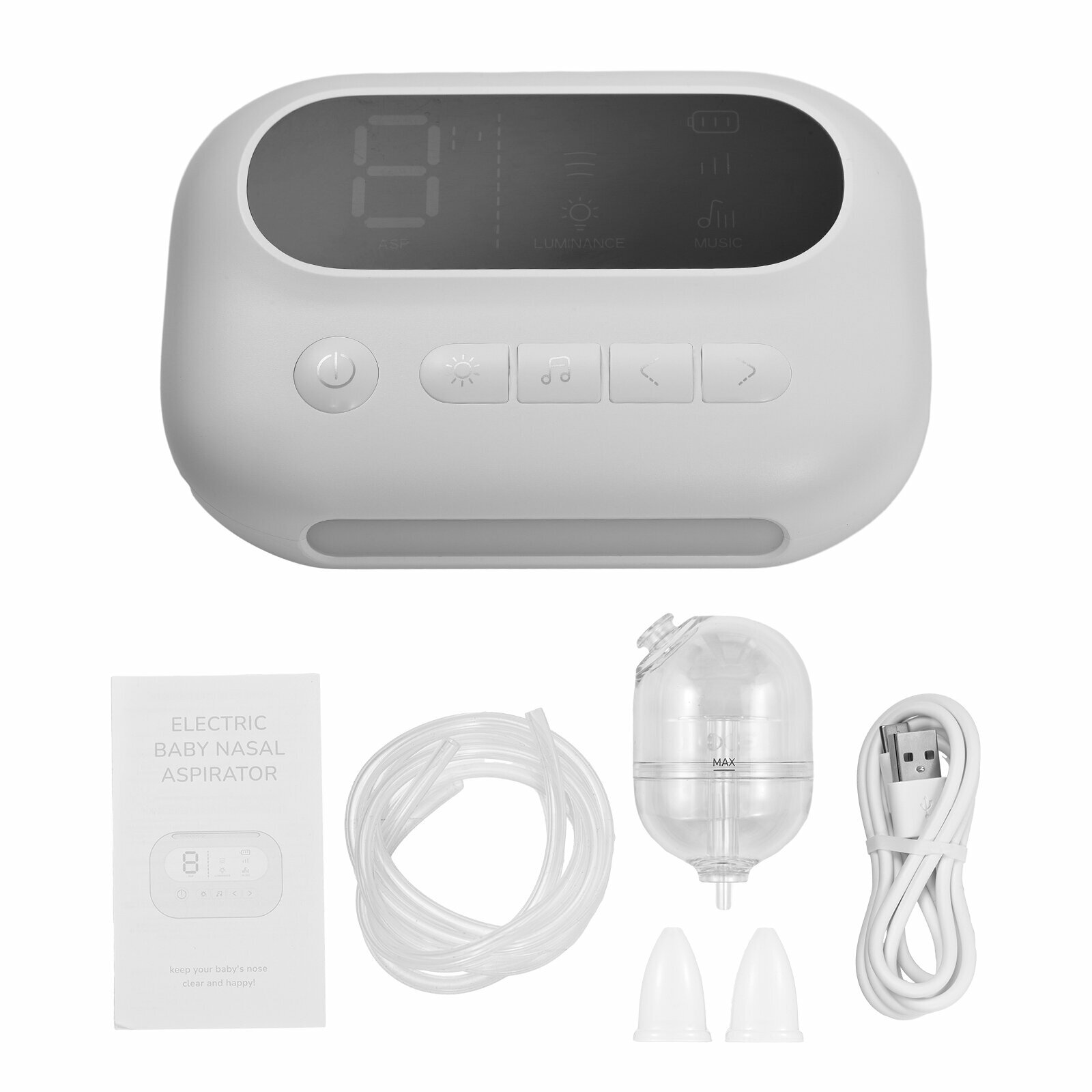 Электрический детский назальный аспиратор с перезаряжаемой батареей, 2 силиконовыми насадками и регулировкой силы всасывания, встроенным фонариком и музыкой.