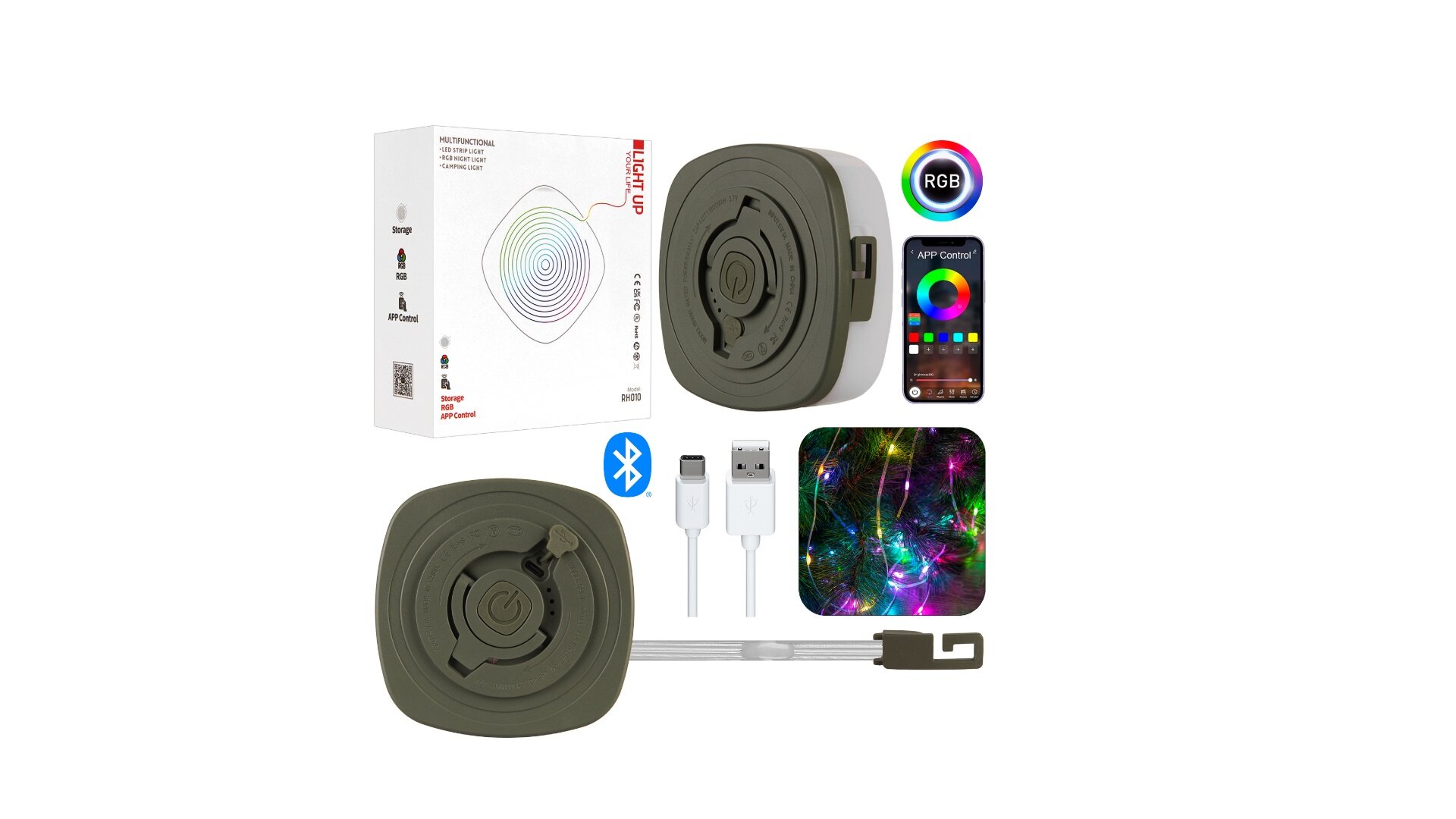 Умная гирлянда RGB Светодиодная лента RGB LED подсветка RH010, 5 метров, 1800 mAh, Хаки