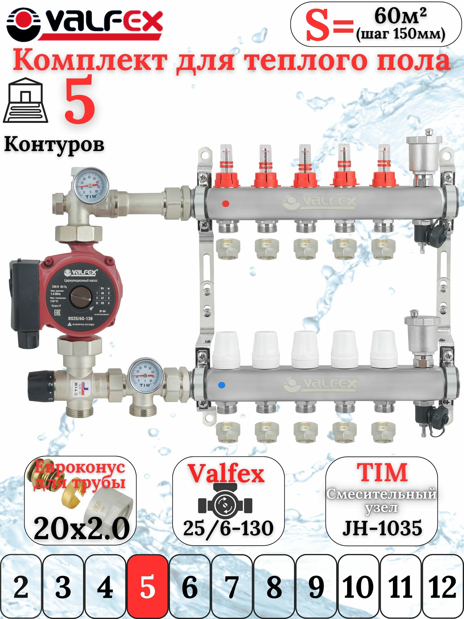 Комплект теплого пола на 5 выходов VALFEX (Коллектор на 5 контуров+Насос+ Евроконусы+Насосно-Смес. узел) до 70 кв. м