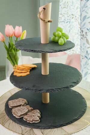 Подставка для пирожных, фруктов, канапе магия камня трёхъярусная, сланец, дерево, 30х36 см, Koopman International 210000280
