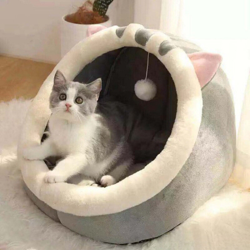 Маленький полузакрытый кошачий домик для кошек до 5 фунтов (31x30x28 см), дизайн с треугольными ушами Cat Jiji, розовая