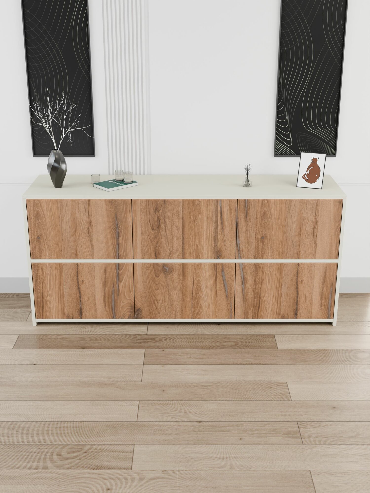 Изумлит Комод для белья и одежды Каллисто 150х66.8х40 см, бежевый/дуб крафт табачный