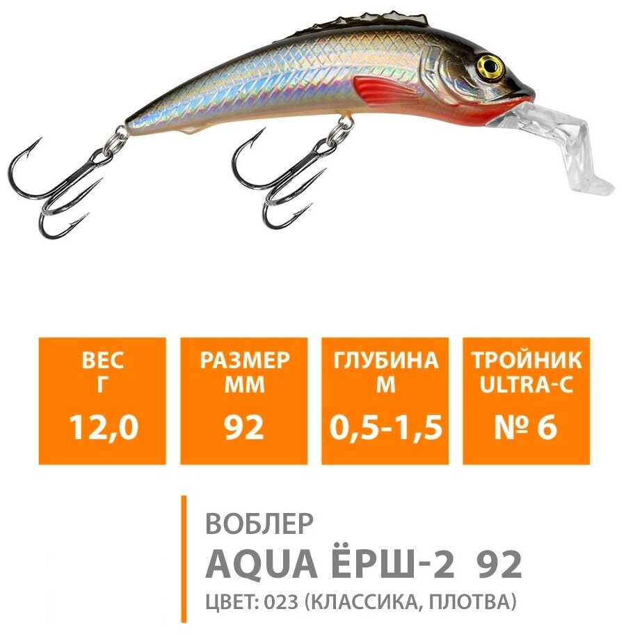 Воблер для рыбалки плавающий AQUA Ерш-2 92mm 12g заглубление от 0.5 до 1.5m цвет 023