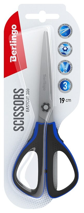 Ножницы Berlingo "Easycut 300", 19см, синие, мягкие вставки, европодвес, 1 шт