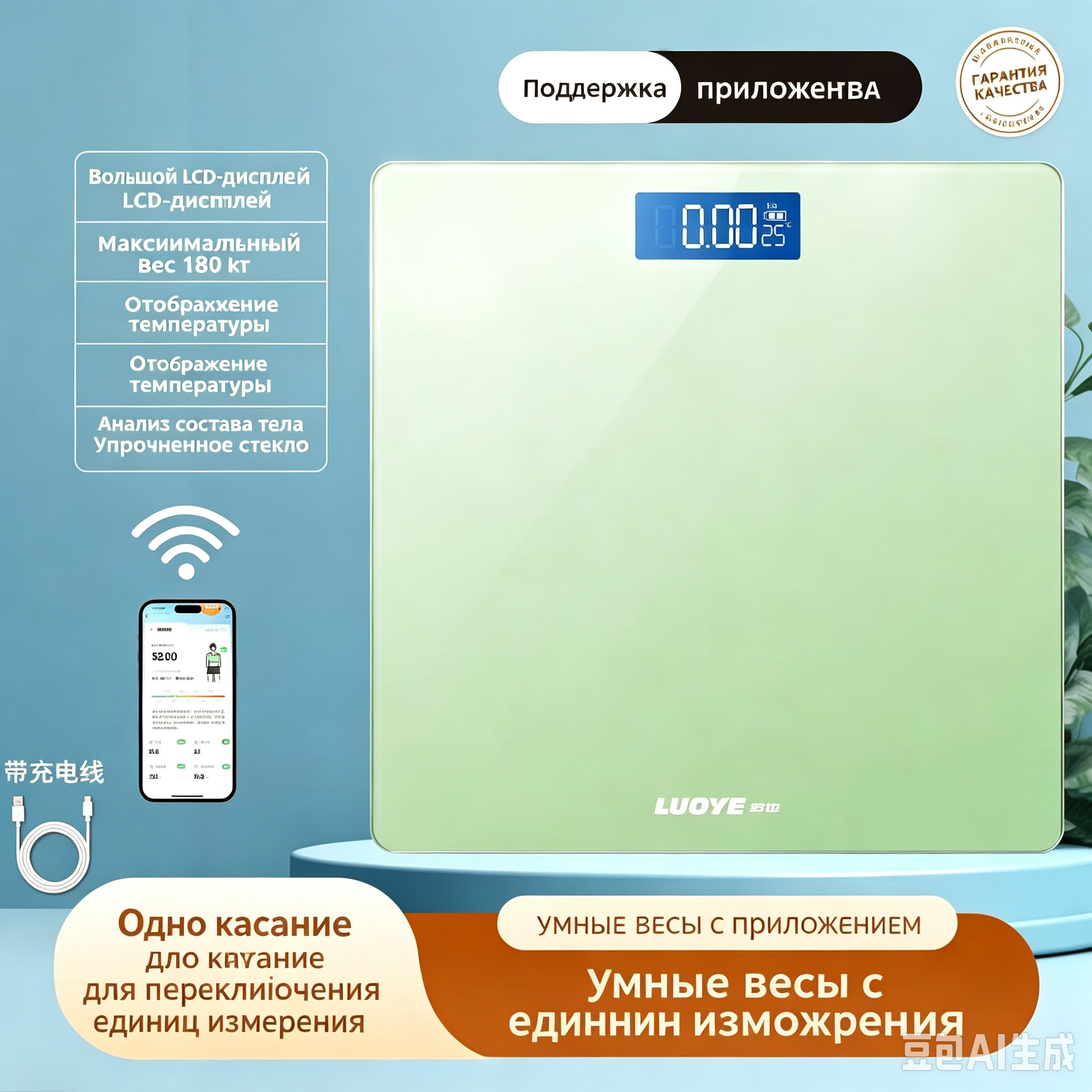 Умные весы с анализатором жира LUOYE, синхронизация с APP, USB-зарядка, большой LCD экран, до 180 кг