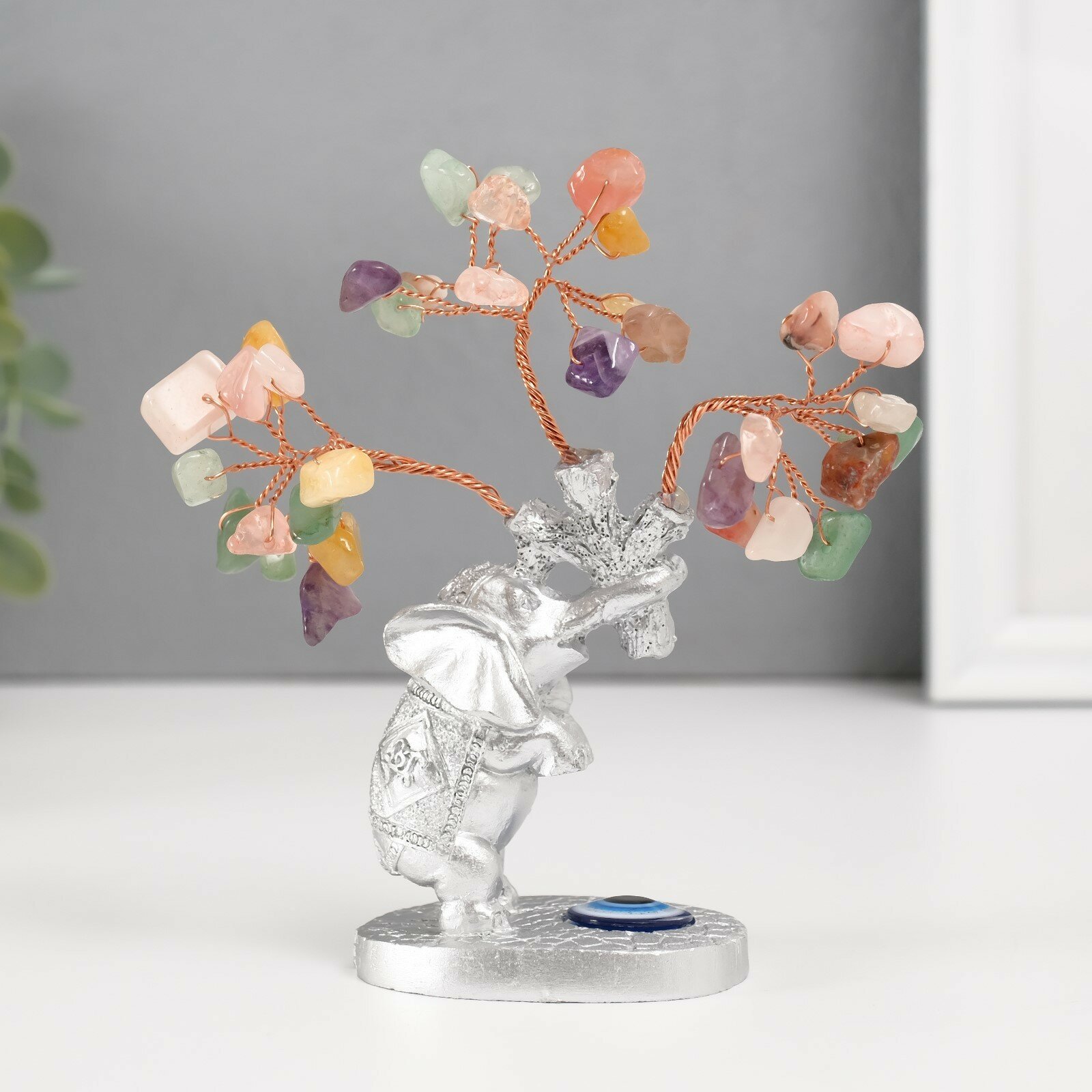 Бонсай декоративный «Денежное дерево: Серебристый слон с денежным деревом», цветные 36 камней, 6.2×4.5×13.5 см