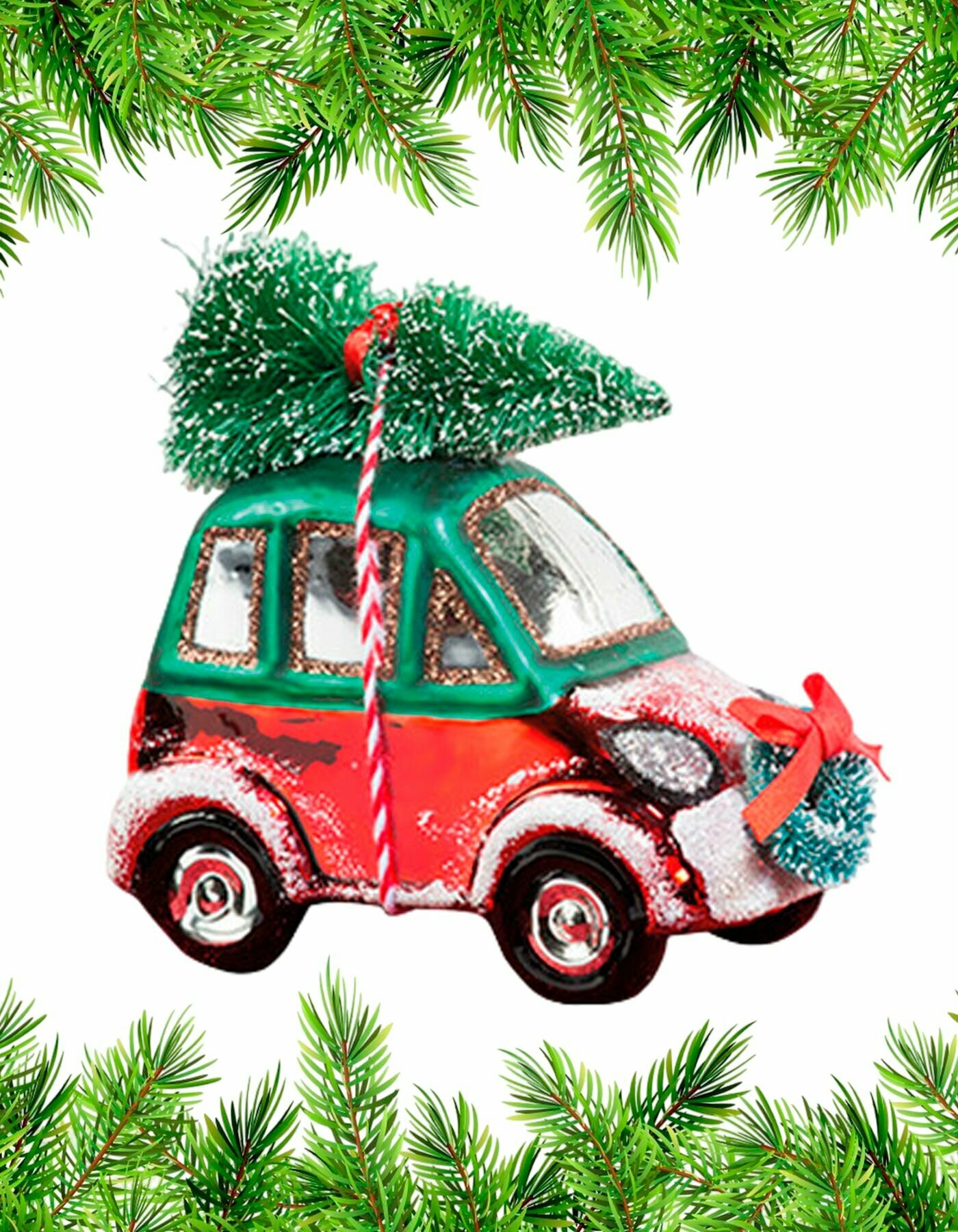 Игрушка на елку Машина с елочкой "Смарт" зеленая 11см