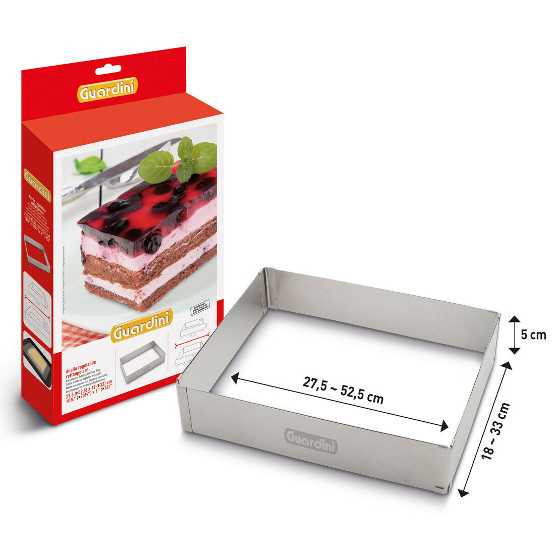 Кольцо для выпечки раздвижное прямоугольное Guardini Cake Design Gadgets, размером 18 x 27.5 - 33 x 52.5 см