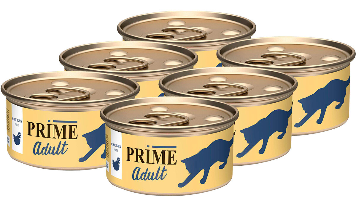Корм влажный Prime Meat Adult Cat для взрослых кошек, паштет с курицей, 75 г х 6 шт