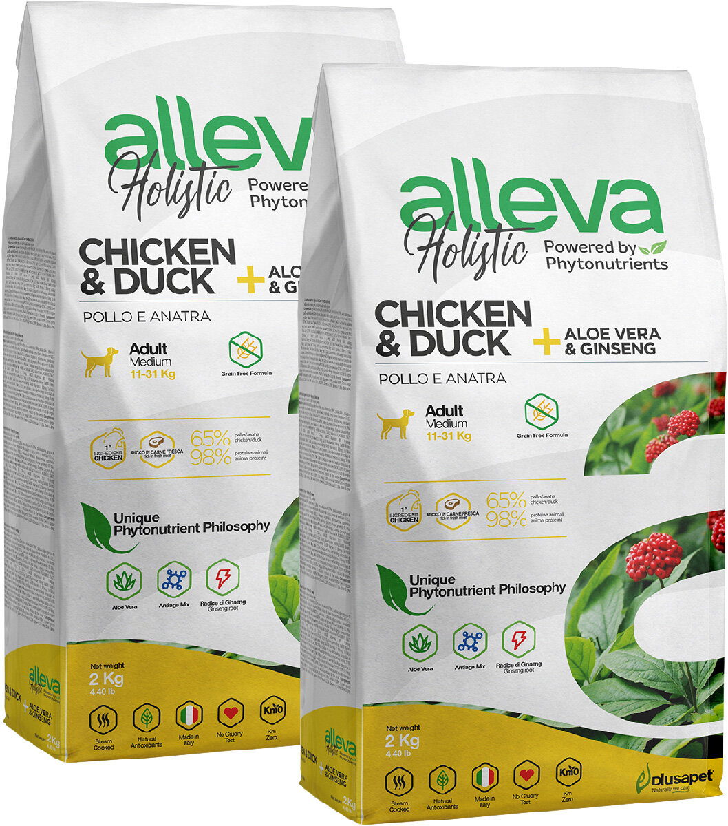 ALLEVA HOLISTIC ADULT DOG MEDIUM CHICKEN & DUCK беззерновой для взрослых собак средних пород с курицей, уткой, алоэ вера и женьшенем (2 + 2 кг)