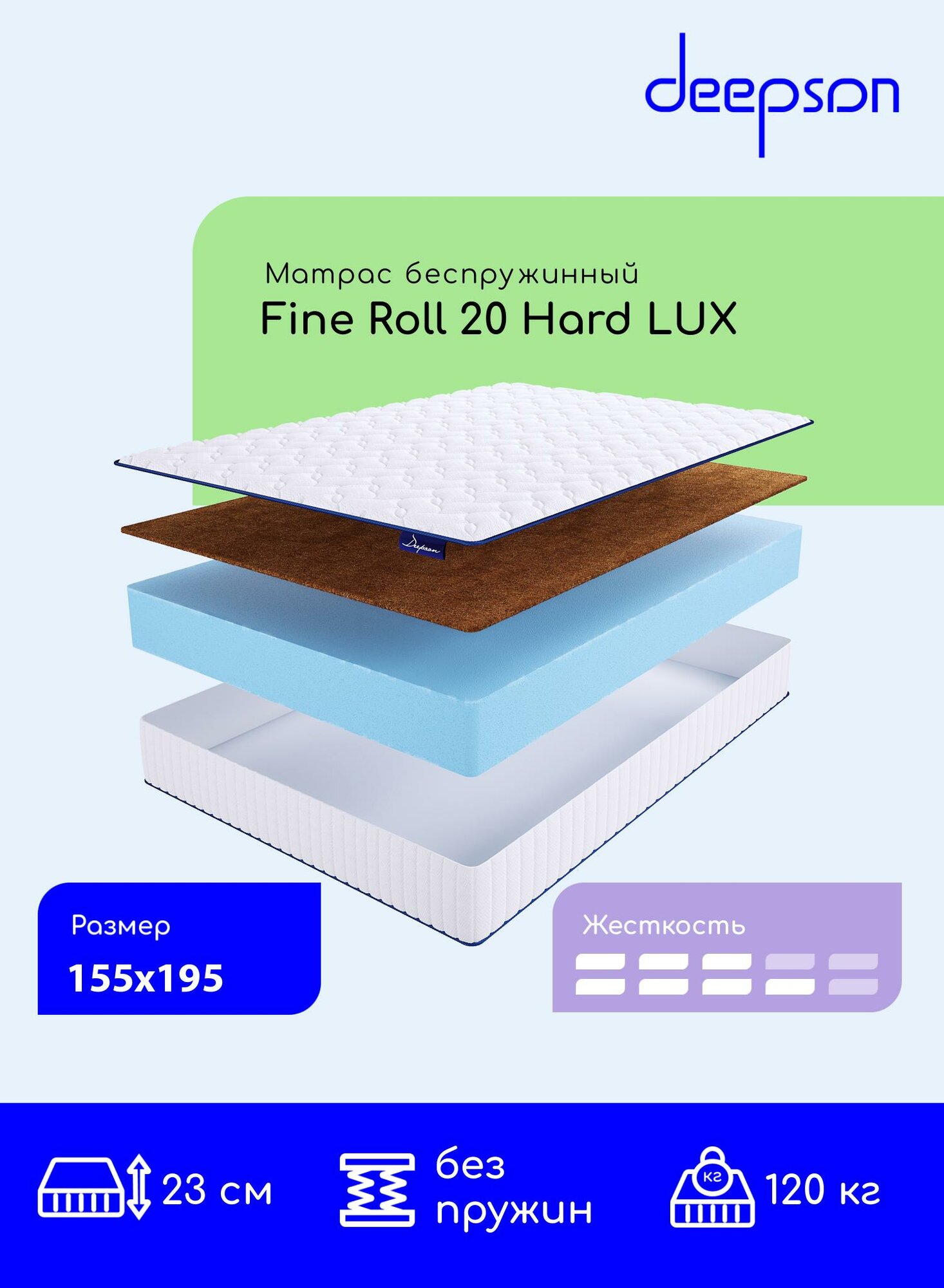 Матрас 155x195 ортопедический буспружинный Fine Roll 20 Hard LUX высота 23 см