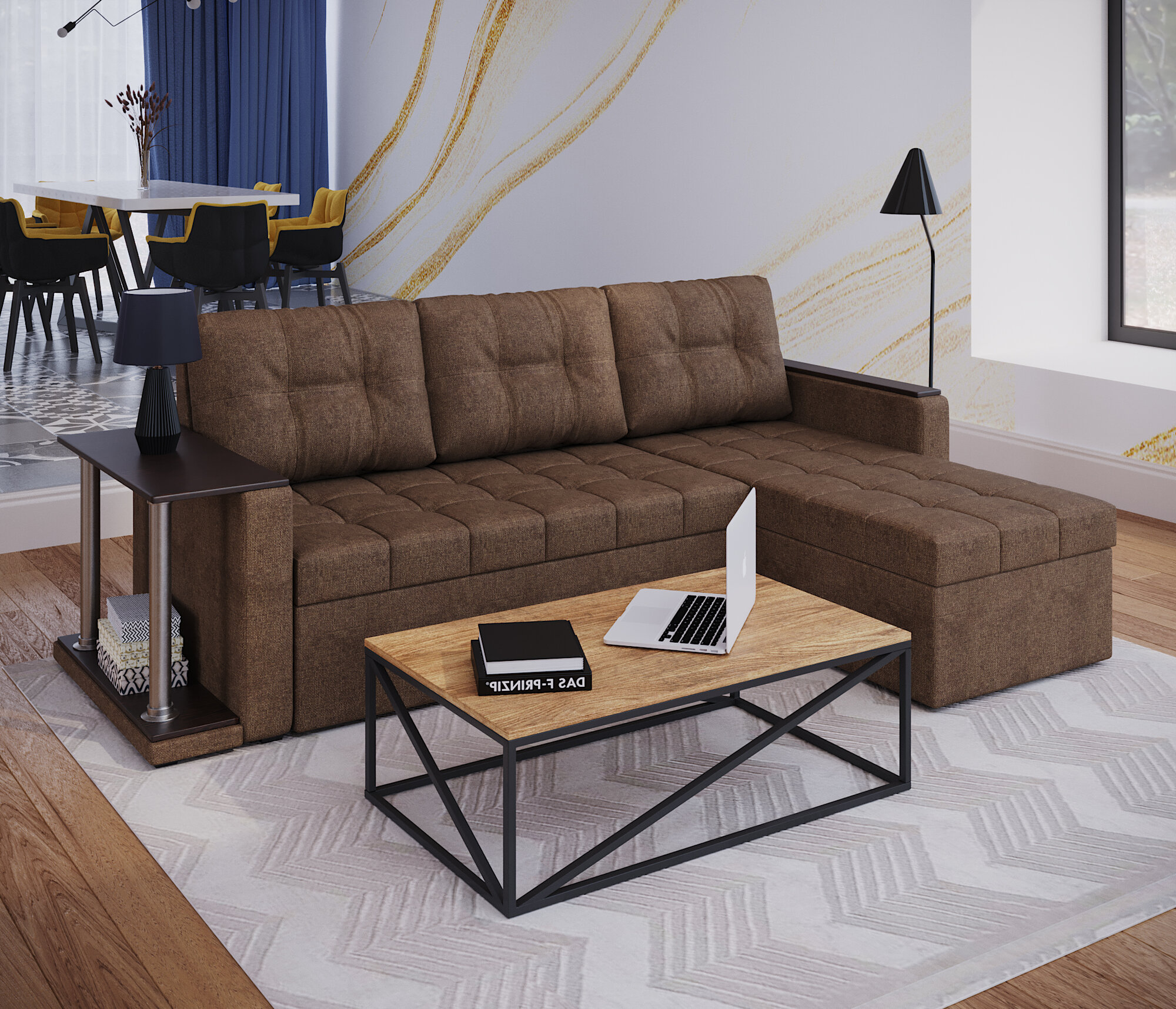 Угловой диван Атланта, D@E Factory , 140х200, рогожка коричневая , ППУ, Дельфин