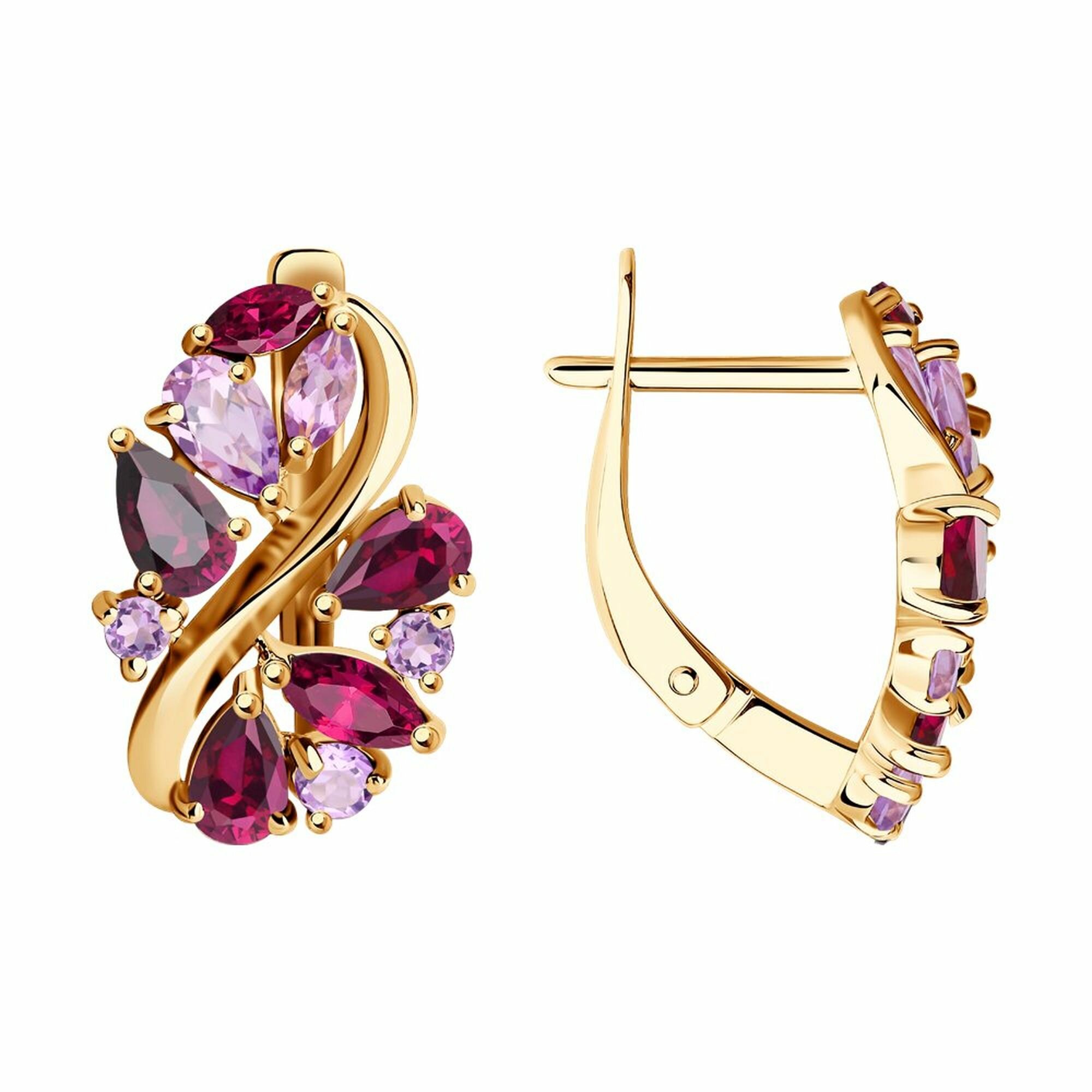 Серьги, красное золото, 585 проба, родолит, аметист