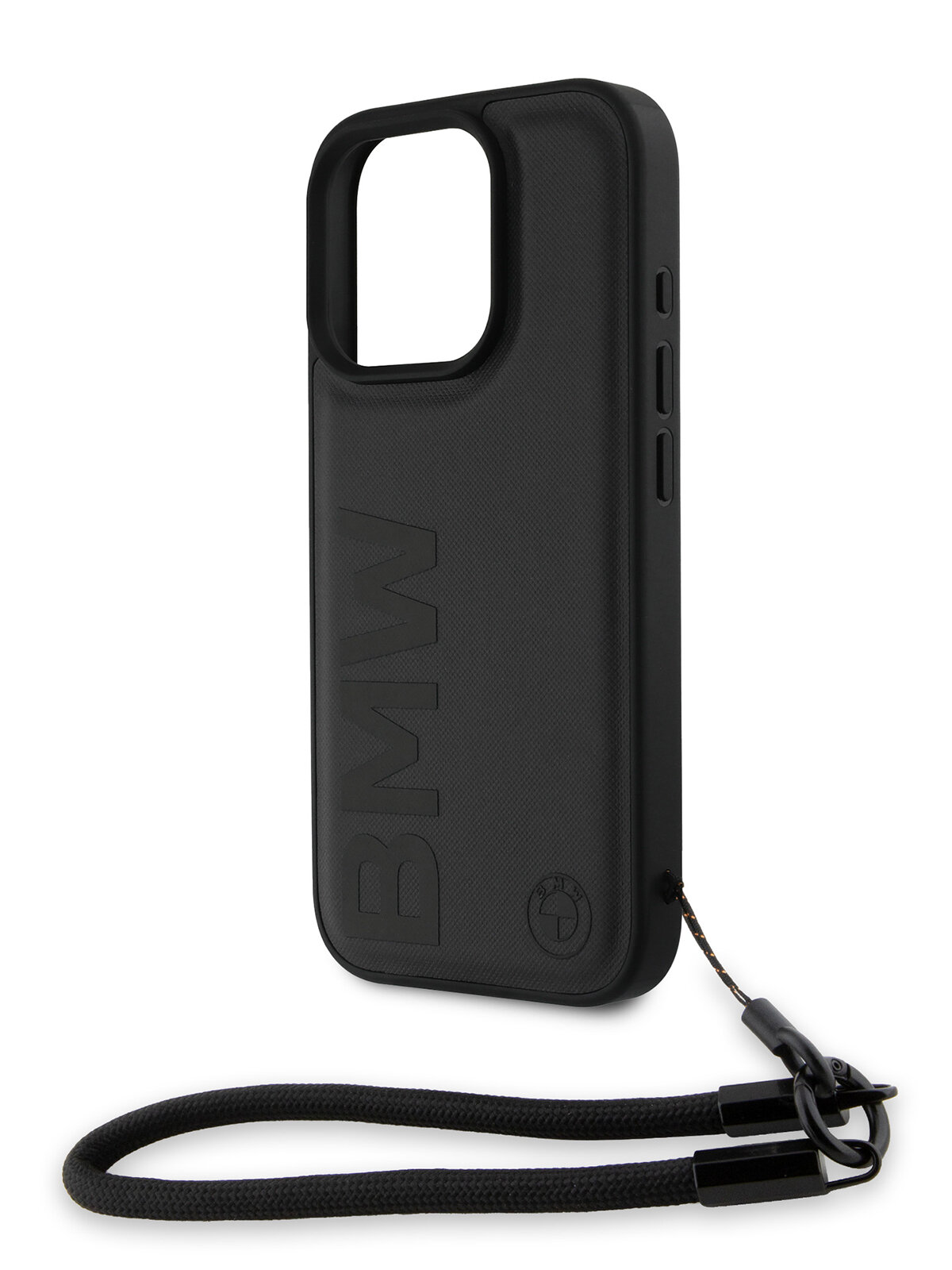 BMW для iPhone 16 Pro чехол Signature Leather Wordmark + Hand Cord Hard Black