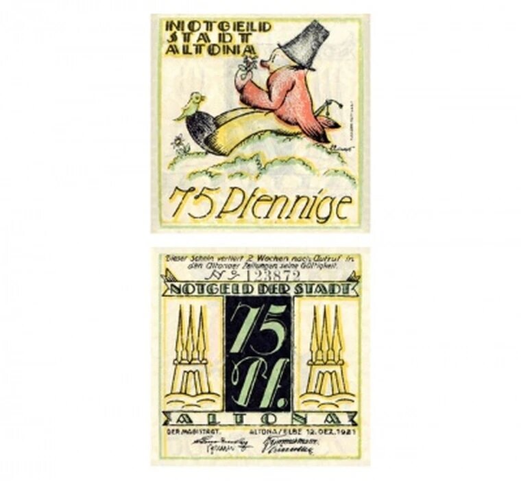 Германия 75 пфеннигов 1921 Альтона, вид 1, сувенирная копия нотгельда, банкноты и купюры редкие коллекционные