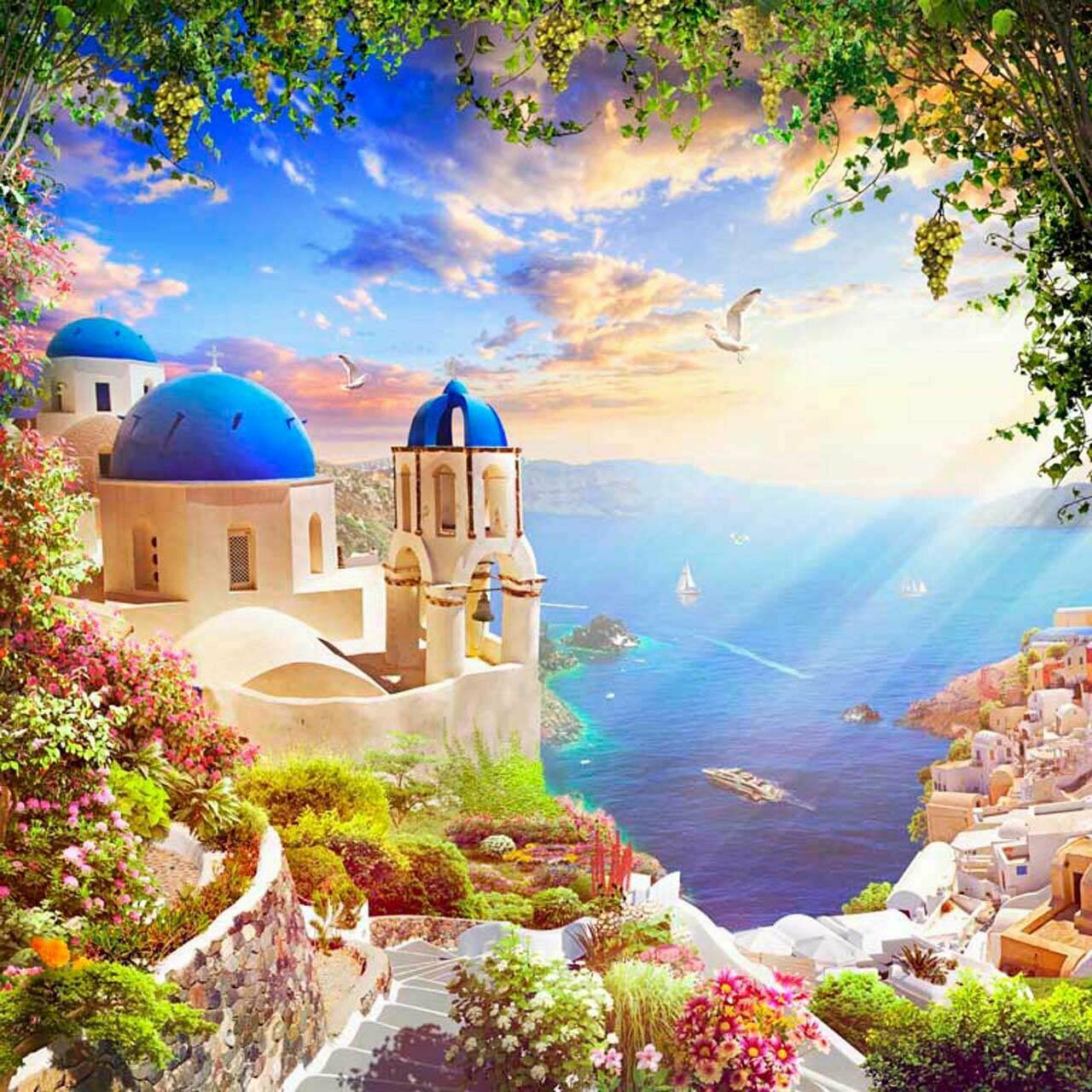 Фотообои Вид на море и берег Санторини 11-159-S-Холст 270 x 200 см (ВхШ) Бесшовные, флизелиновые, влагостойкие обои MasterFresok