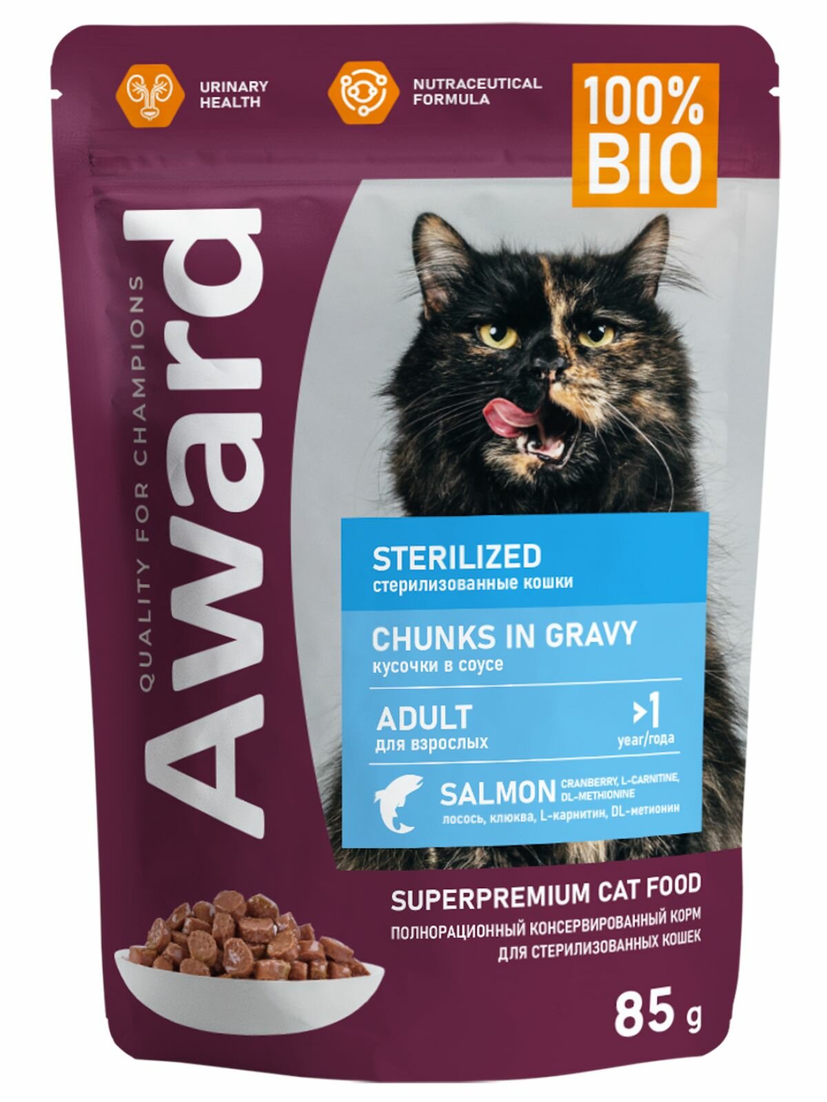 Влажный корм AWARD Sterilized для взрослых стерилизованных кошек кусочки в соусе с лососем 85г (6 шт)