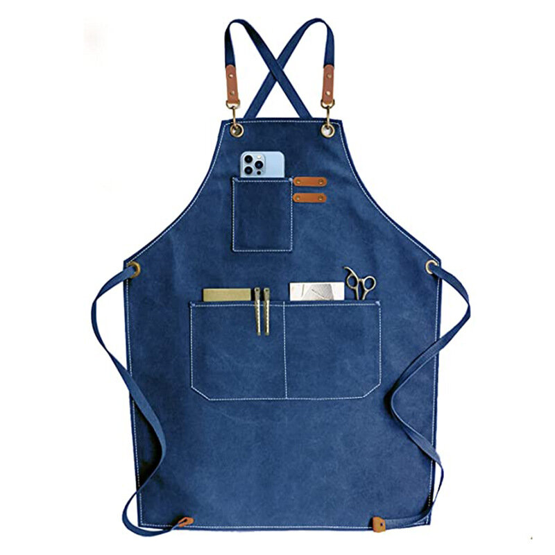 Синий холщовый фартук с несколькими карманами – унисекс, регулируемые фартуки для мужчин и женщин, прочный рабочий фартук из полиэстера и хлопка для кафе, пекарни, студии, ресторана или кухни, дизайн с перекрещивающимися лямками на спине