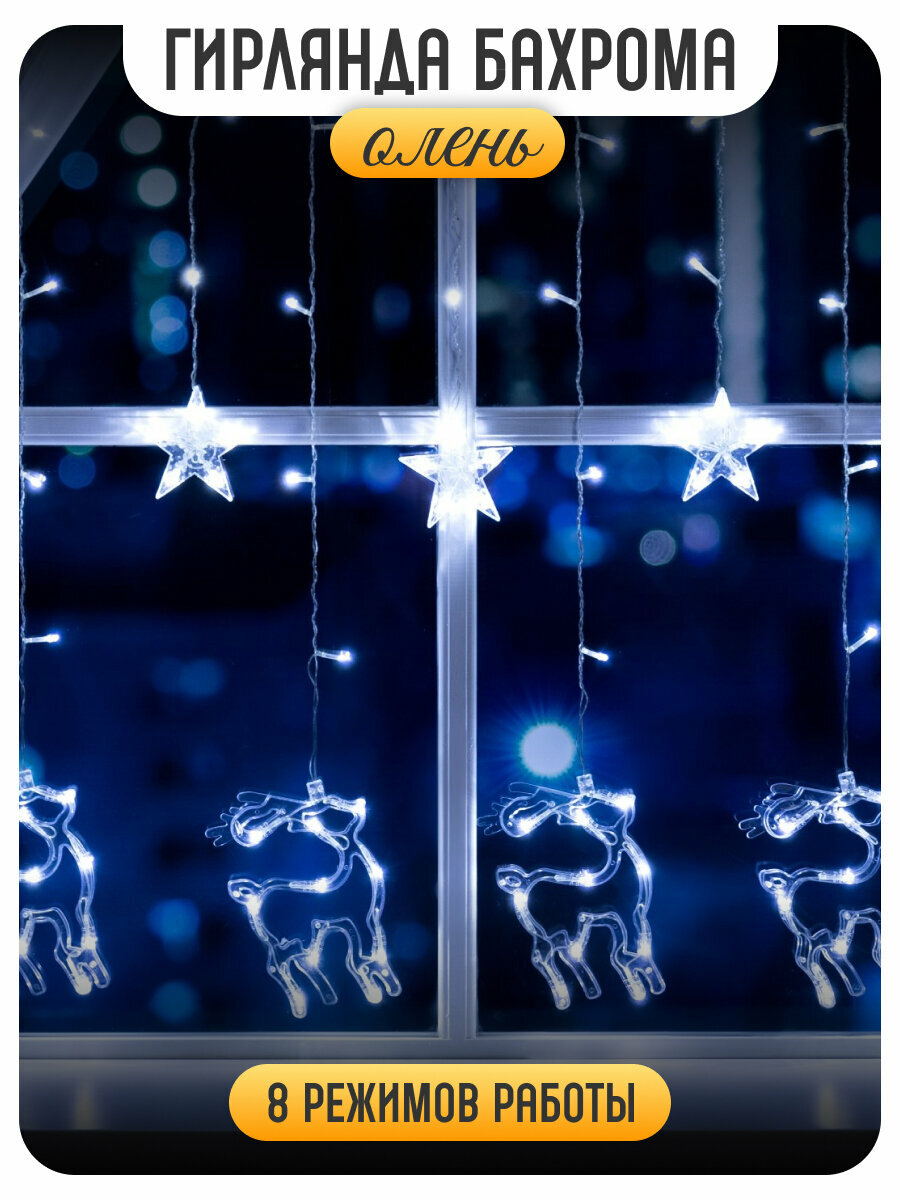 Бахрома DECOR. "Олень", IP20, Ш:2.4 м, В:0.9 м, Н. С. LED-138-220V, 8 режимов, белый