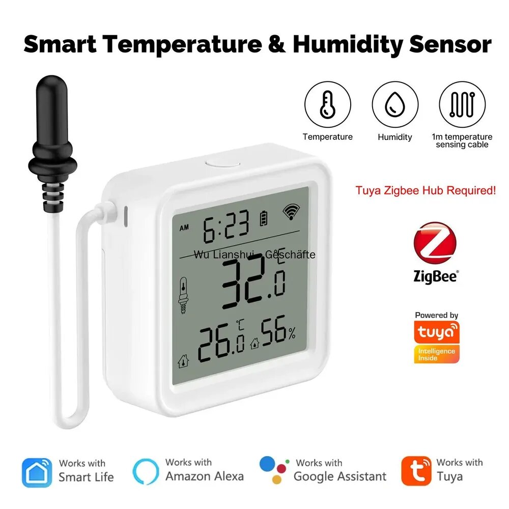 Умный датчик температуры и влажности Zigbee Tuya, с проводным датчиком