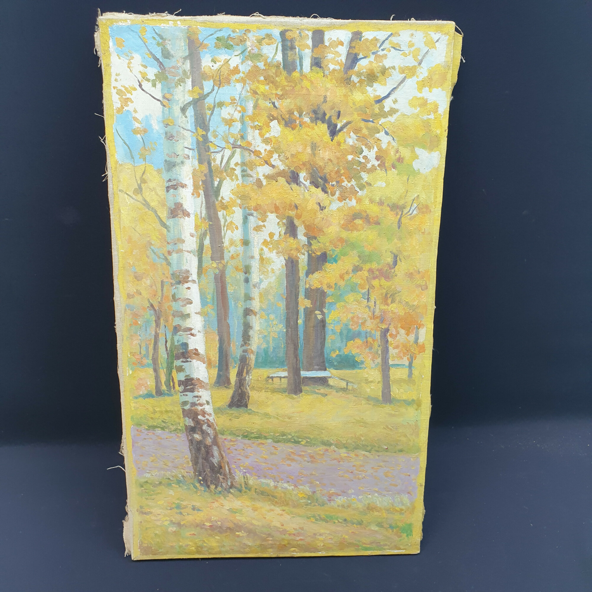 Винтажная картина Осенний парк, холст, масло, 45х72 см, без рамы. СССР