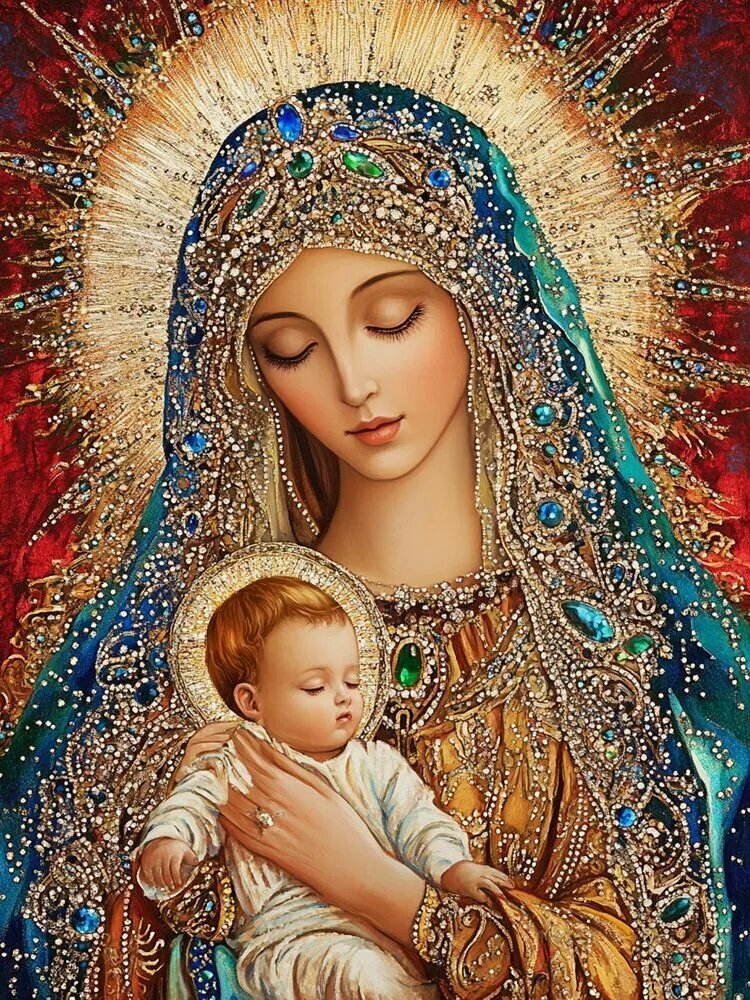 Алмазная картина "Богородица с Младенцем в драгоценностях", 30x40 см. Набор для творчества: икона, золотой нимб, камни.