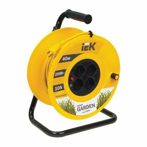 Удлинитель силовой IEK Garden, розеток 4шт, 2x1.0 кв. мм, 10A, 40м, ПВС, катушка, желтый [wkp23-10-04-40]