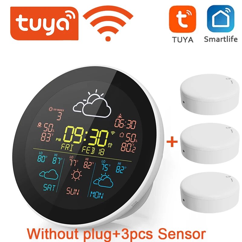 Погодные часы Tuya WiFi с прогнозом погоды на 3 дня, беспроводная интеллектуальная станция погоды, термометр-гигрометр, удалённый датчик, будильник-часы
