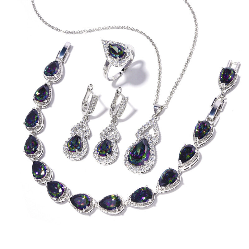 Комплект бижутерии: браслет, колье, кольцо, серьги, циркон