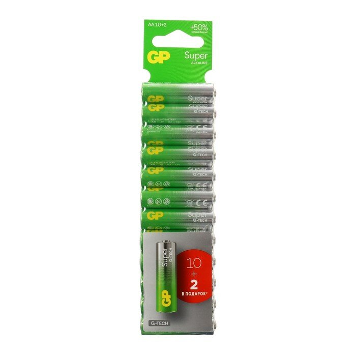 Батарейка алкалиновая GP Super, AA, LR6-12BL, 1.5 В, блистер, 10+2 шт.