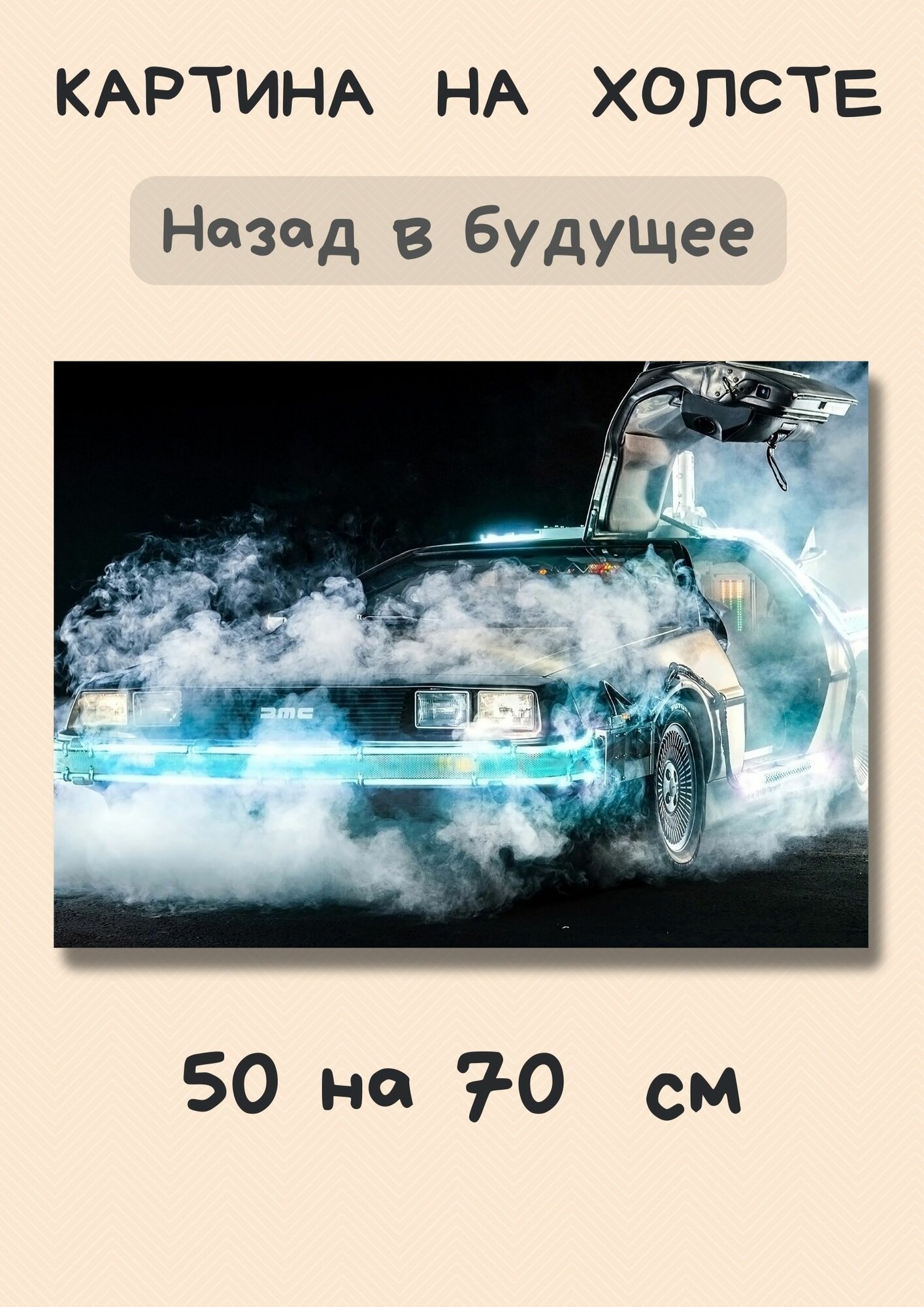 Картина 50х70 по мотивам фильма Назад в Будущее - "DeLorean машина"