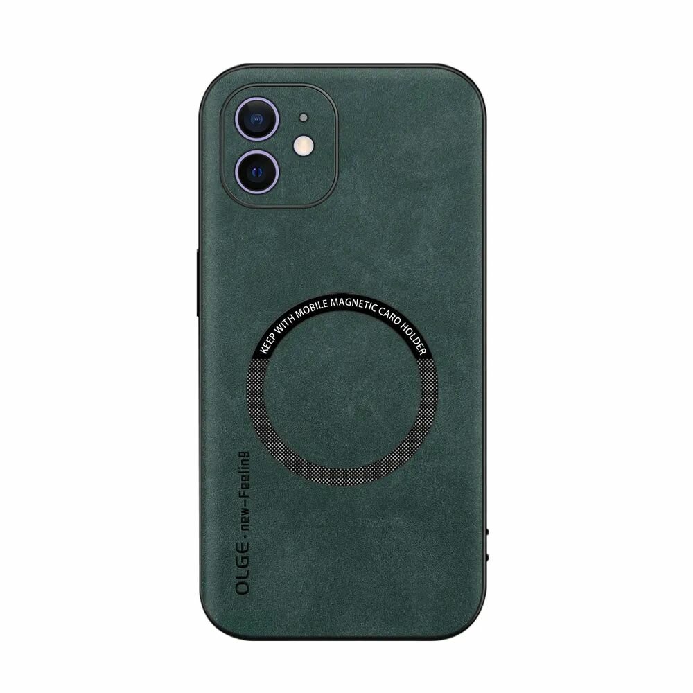 Чехол на iPhone 12 MagSafe на Айфон 12 защитная кожаная накладка с магнитом (зеленый)